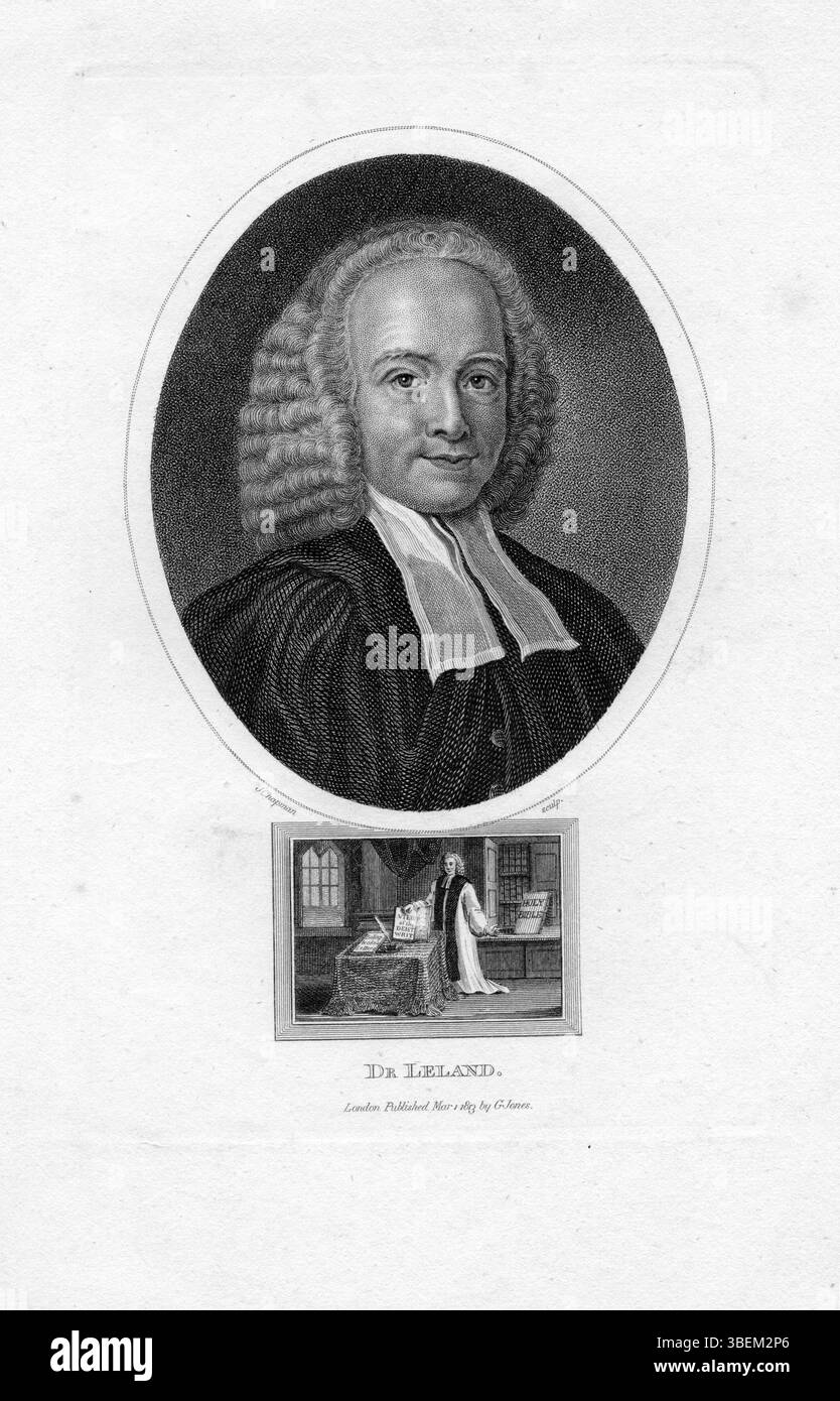 This engraving features a portrait of John Leland, a notable ...