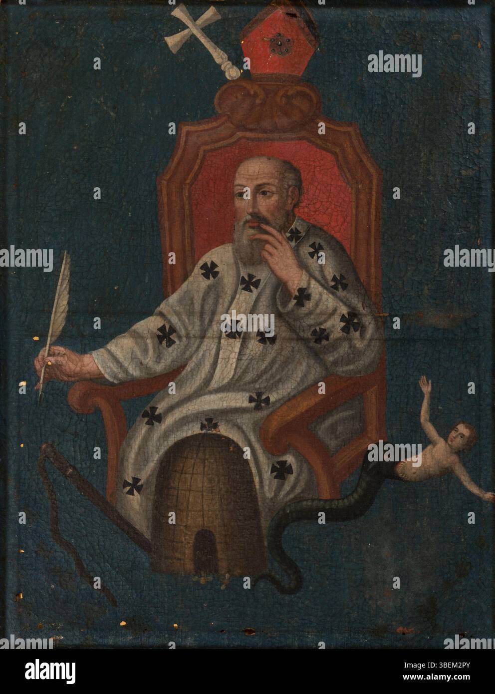 This artwork depicts St. Ambrose, a 4th-century bishop of Milan known ...