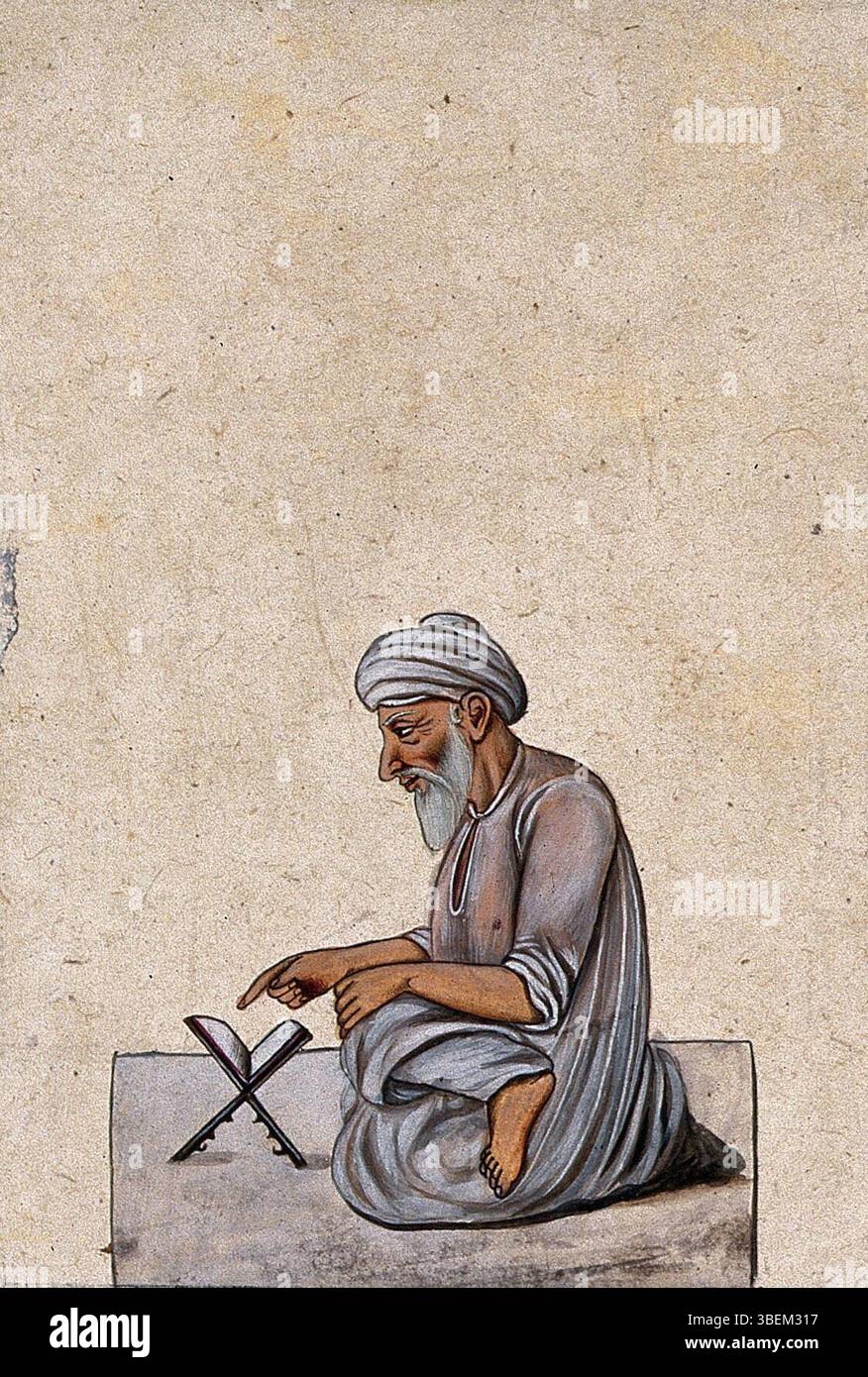 19th-century Indian gouache painting depicting a Muslim scholar, or ...