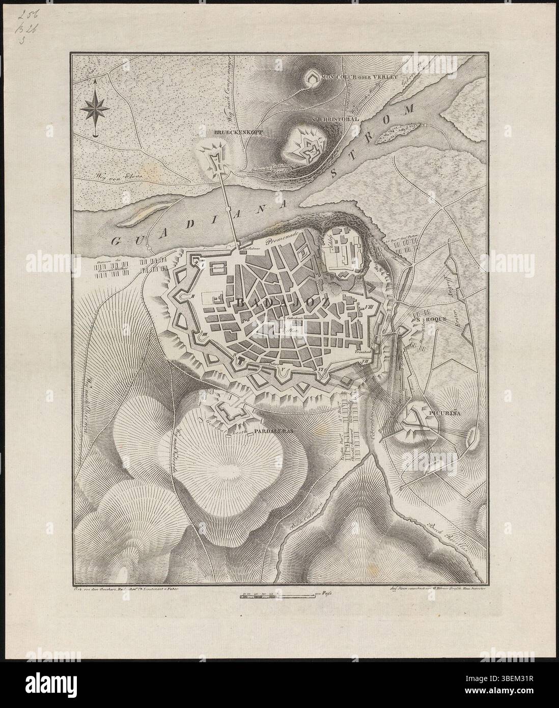 A map of Badajoz and its surrounding area, created by von Faber, circa ...