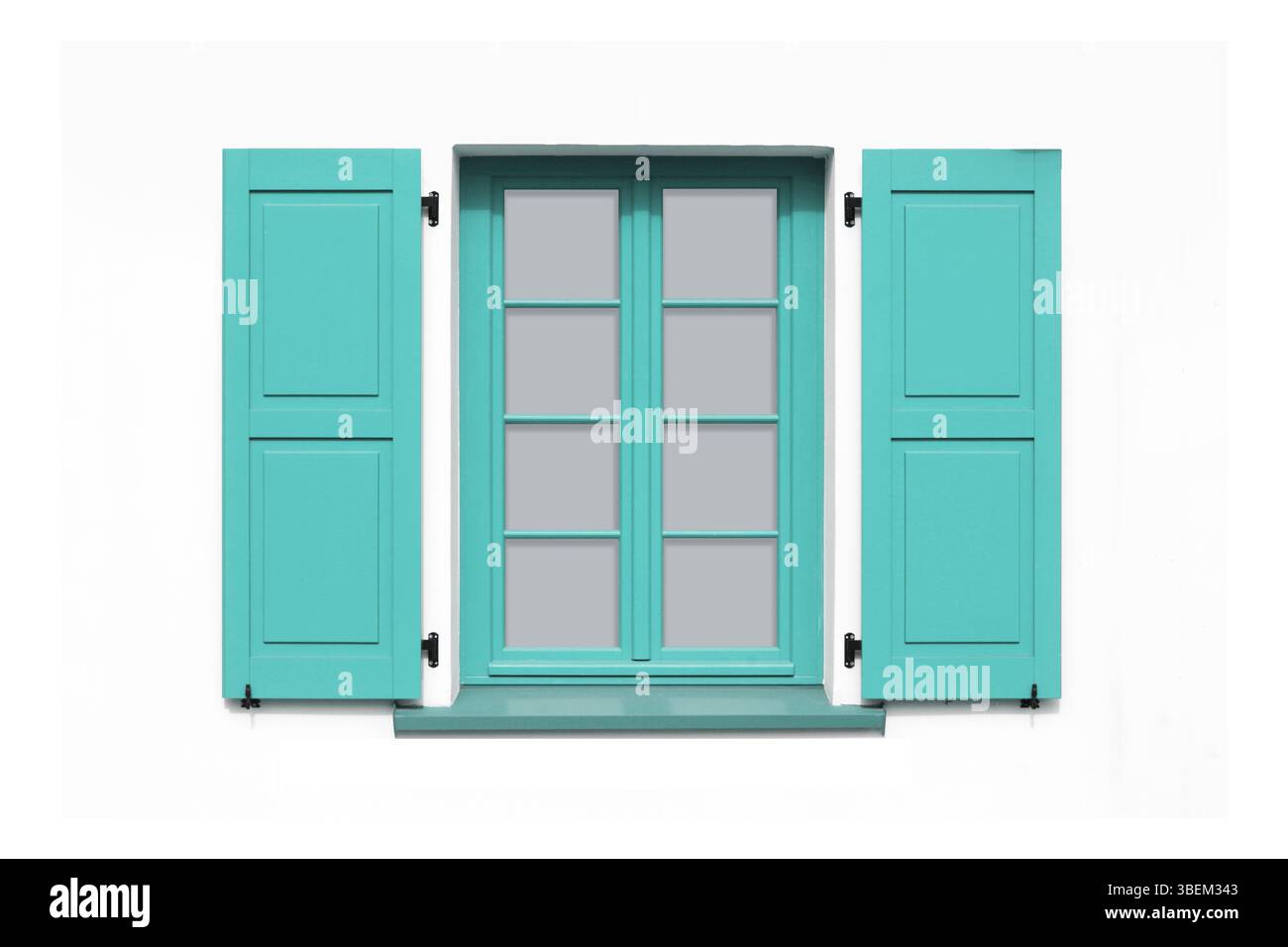 Turquoise window with shutters. Bright modern facade detail ...