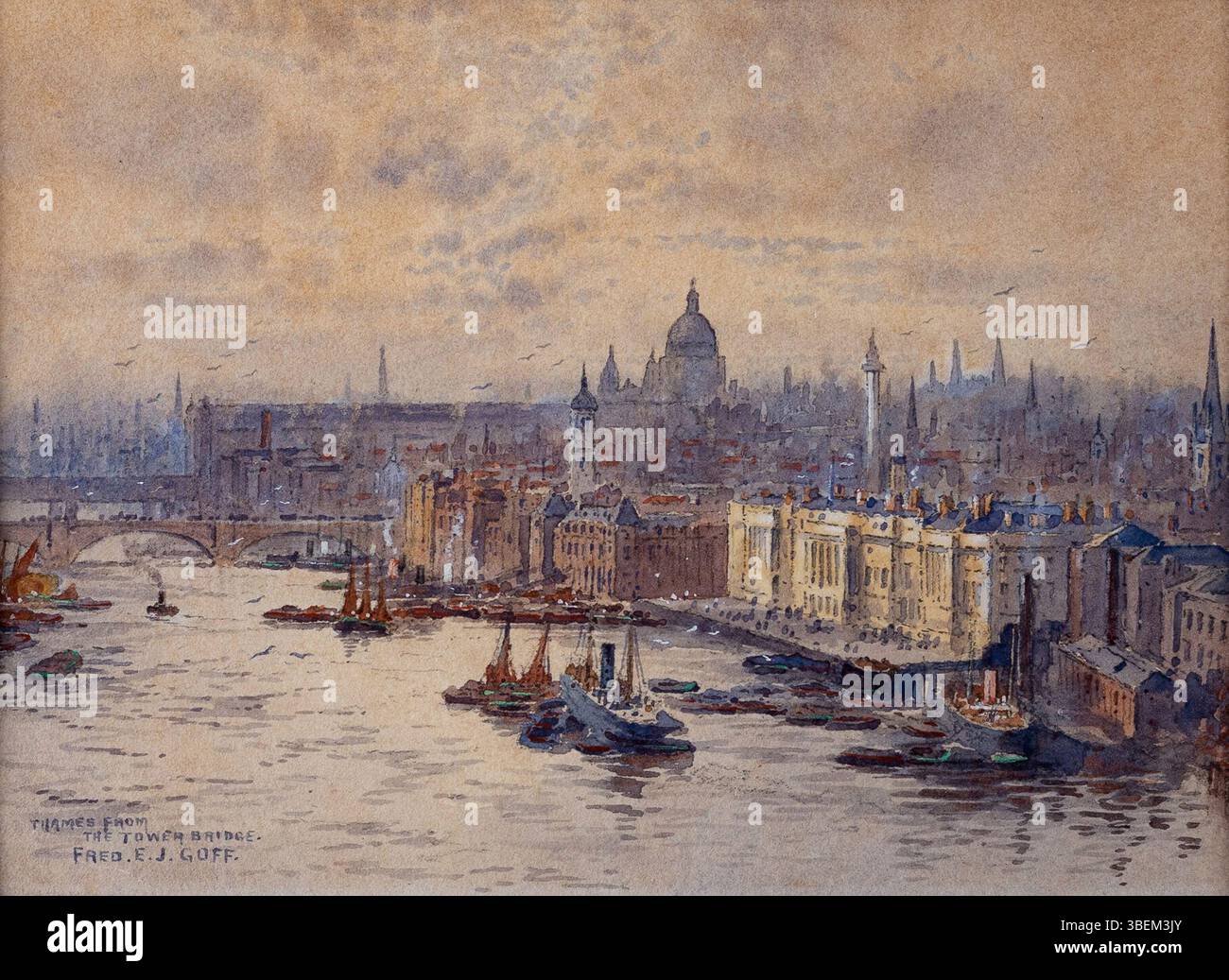'Thames from Tower Bridge' is a watercolour and gouache painting by ...