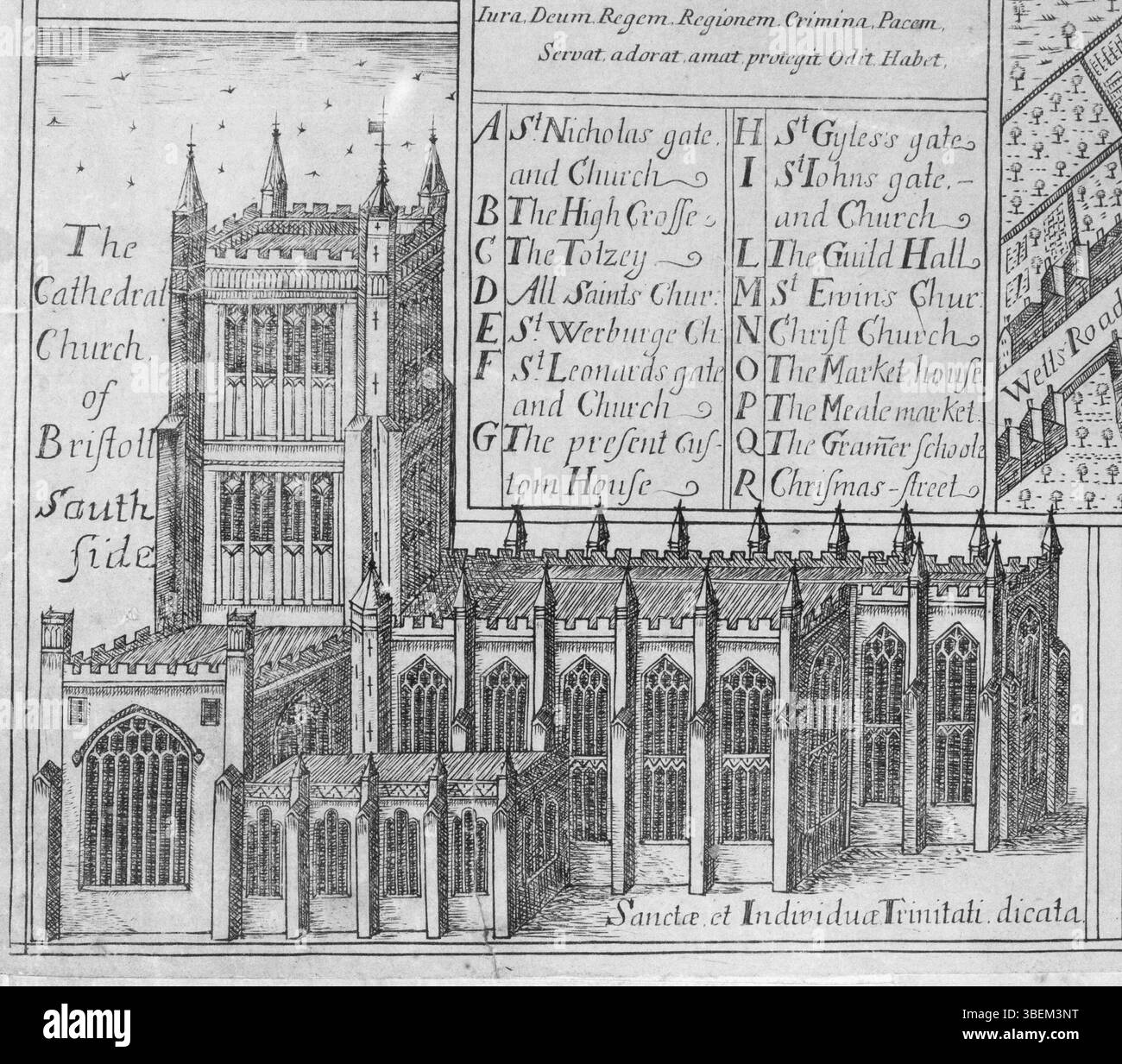 Depiction of the Cathedral in Bristol from James Millerd's 1728 map of ...
