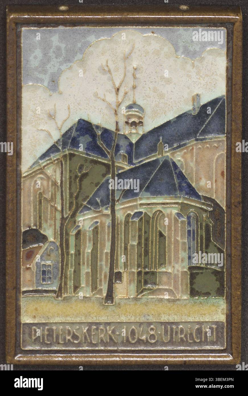 This decorative tile depicts St. Peter's Church in Utrecht, presenting ...