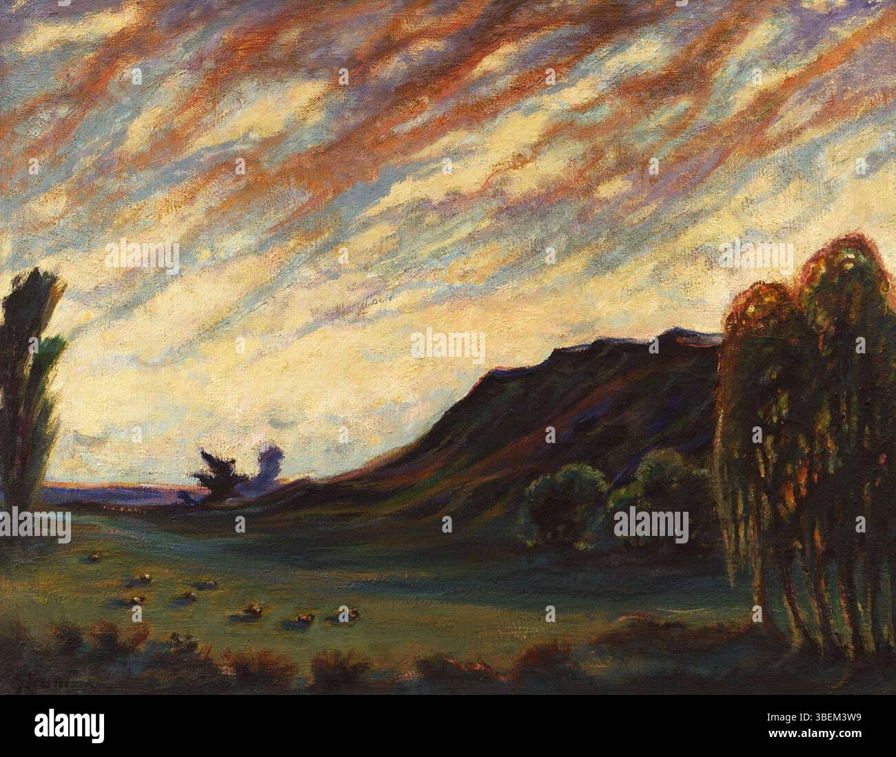 An oil painting by Elfriede Thum titled 'Abendstimmung an der Oder ...