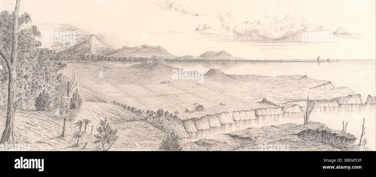 This 1869 drawing by Arthur Morrow depicts the white cliffs of Taranaki ...
