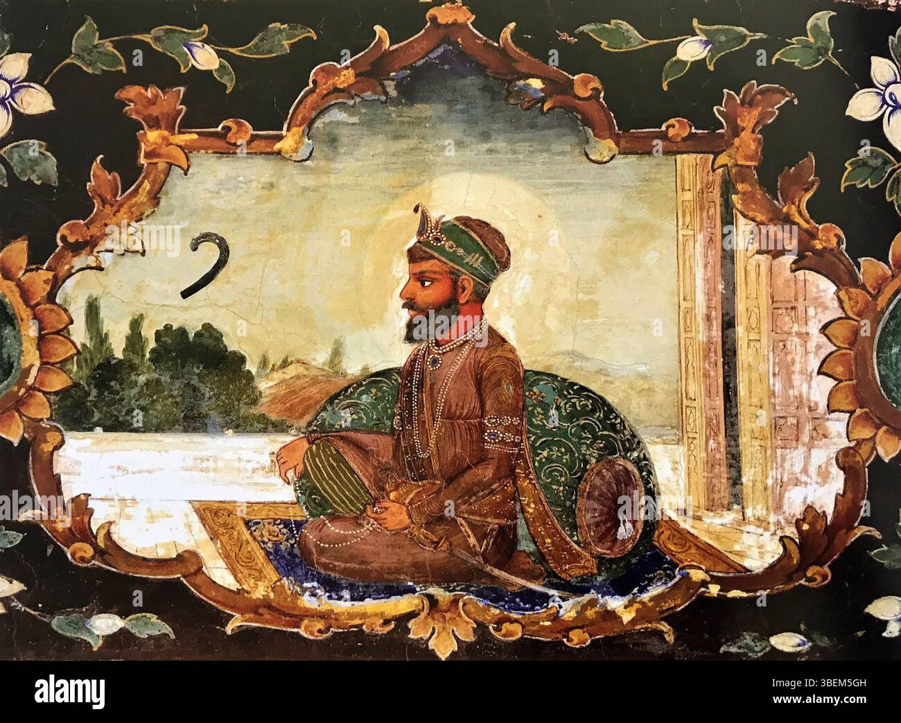 This fresco, likely from the 19th century, portrays Guru Har Rai, the seventh Sikh Guru, above ...