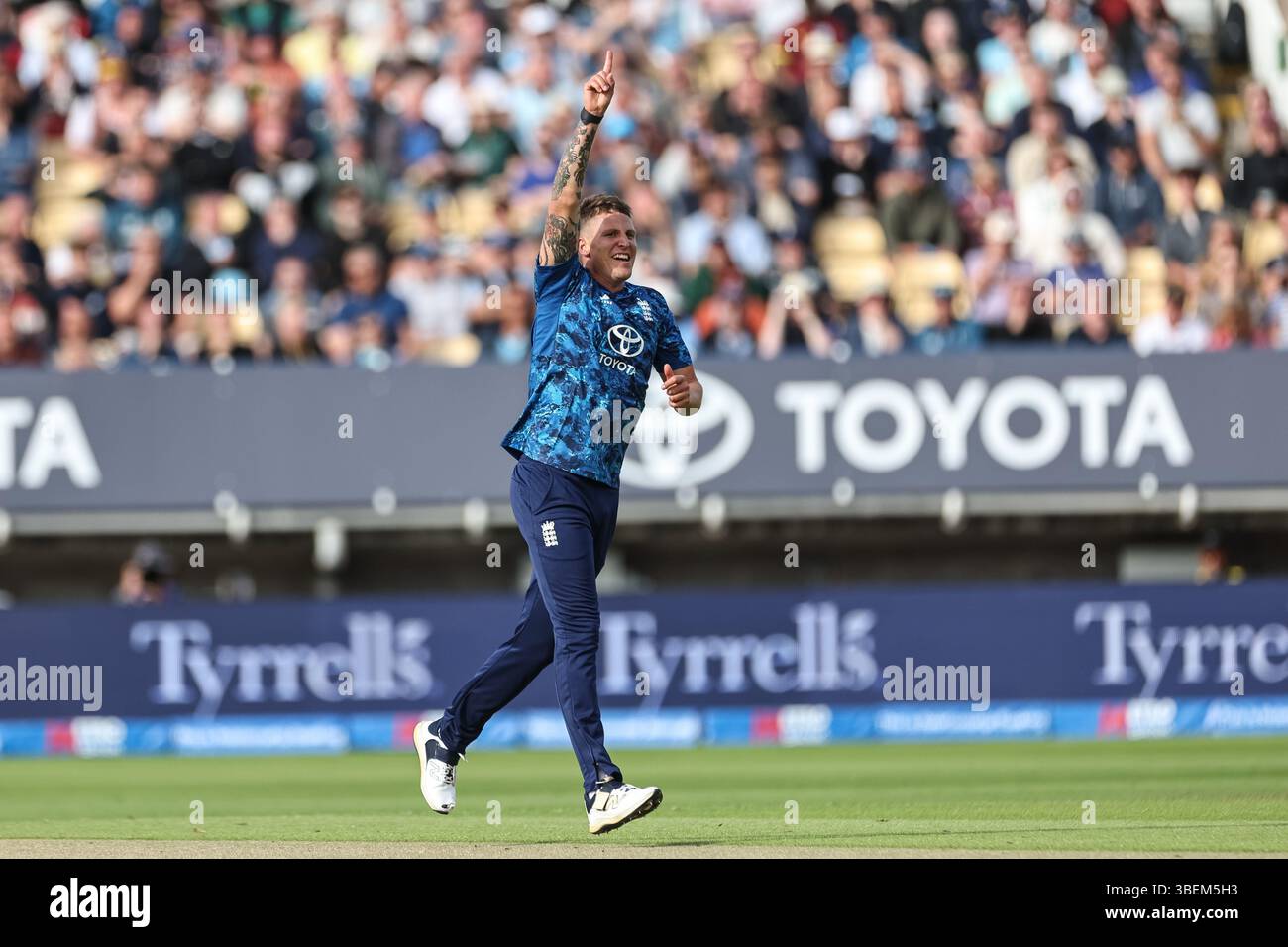 Brydon Carse of England celebrates the wicket of Brandon King of West ...