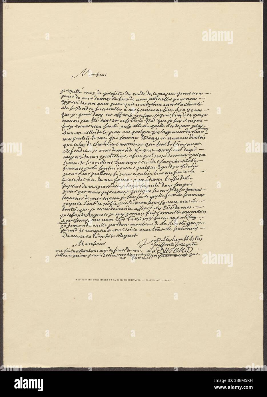 This lithographic reproduction shows a letter written by a prisoner ...