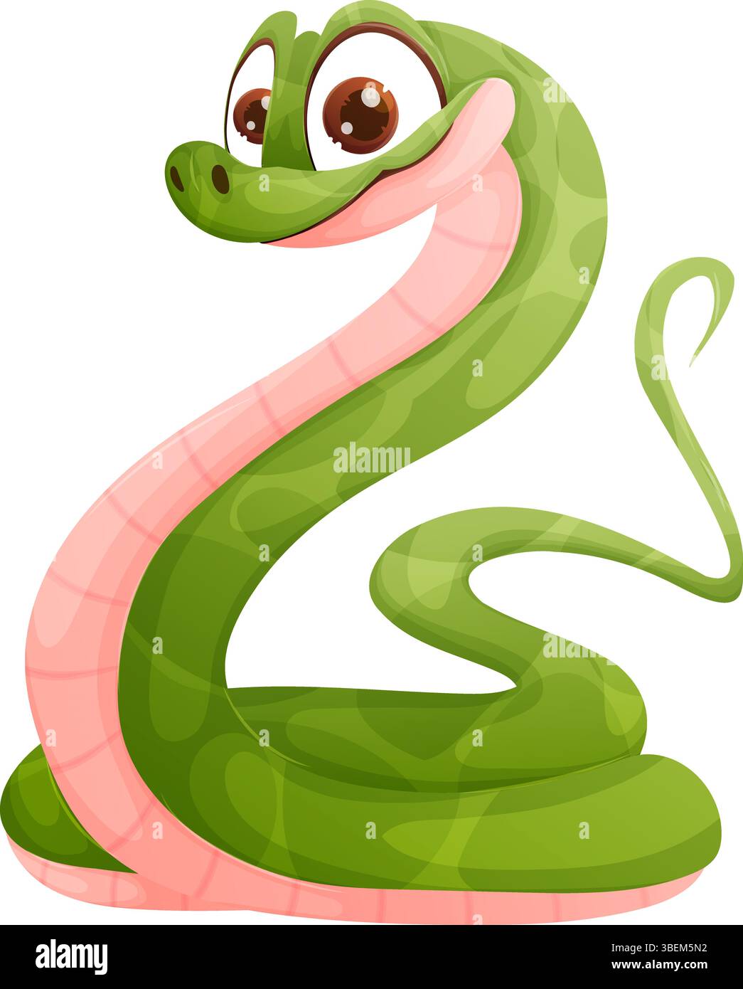 A cute cartoon illustration showcasing a green snake with a pink belly ...