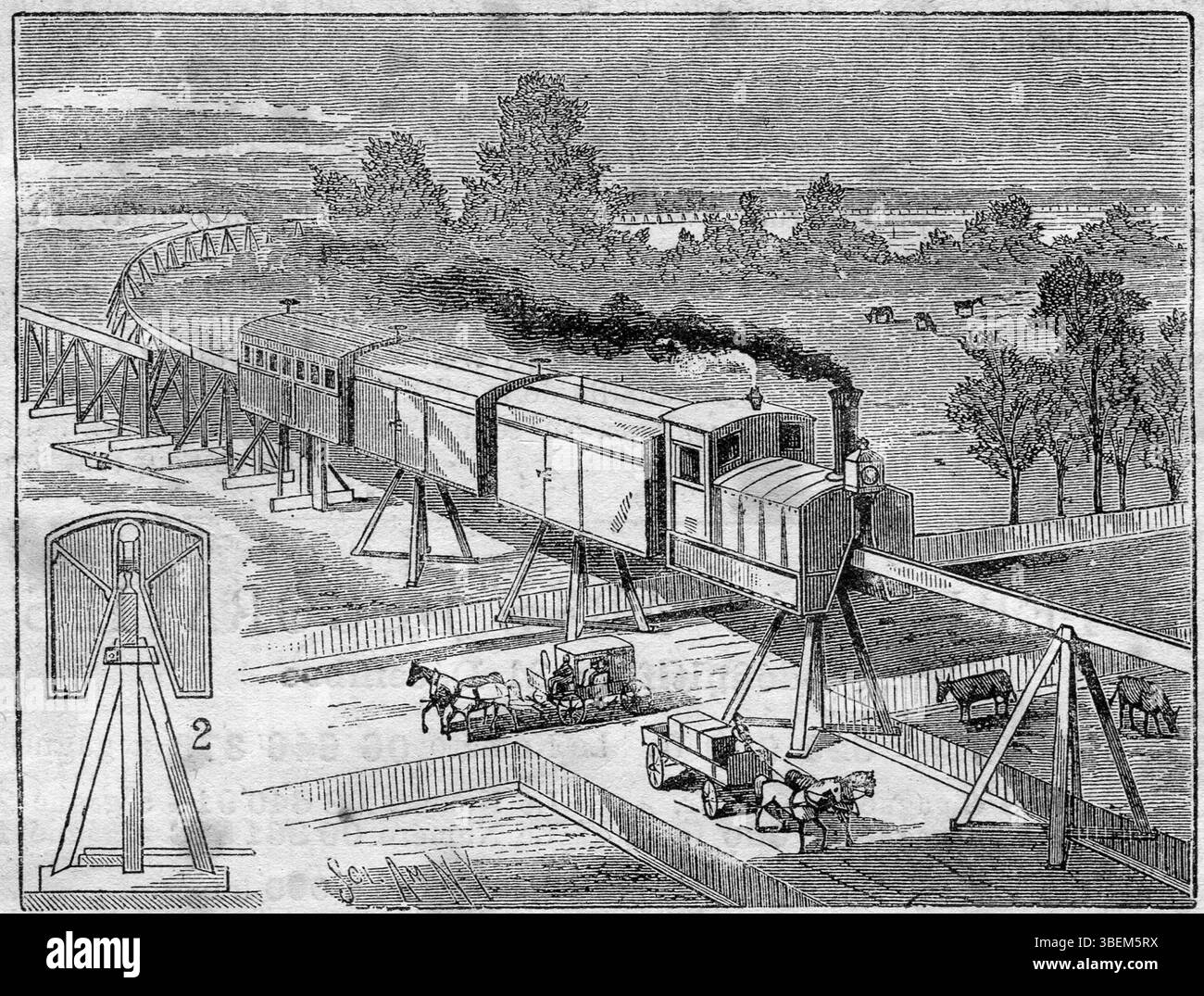 Illustration of a single-rail aerial railway system used in America in ...