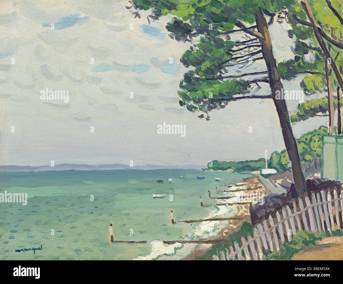 Albert Marquet's 1935 painting "Pins au Pyla" depicts tall pine trees ...