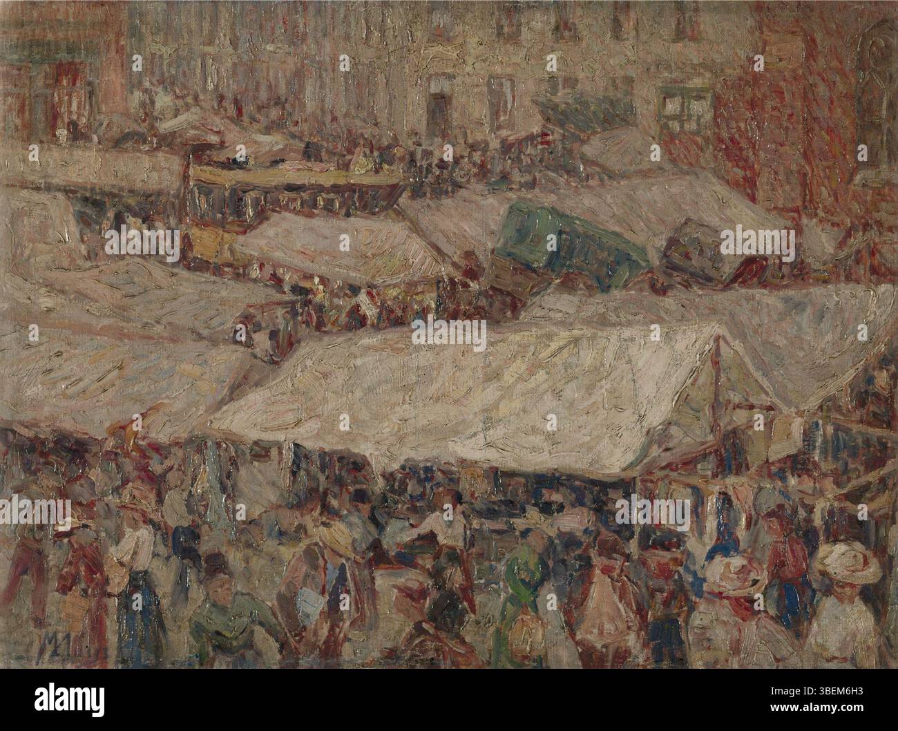 Modest Huys' depiction of the Markt te Waregem presents a vibrant scene from the Belgian town of ...