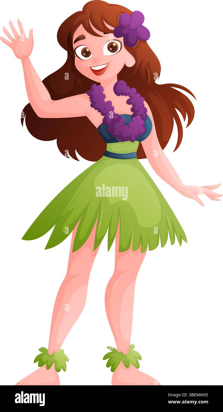 A cheerful cartoon hula girl with brown hair, wearing a lei, grass ...