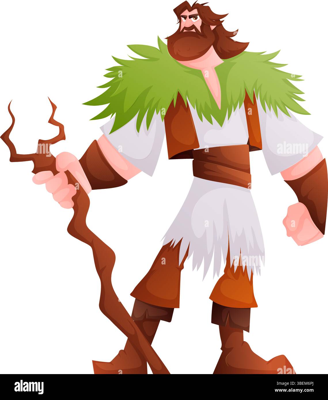 This is an image of a strong cartoon woodsman with a staff and green ...