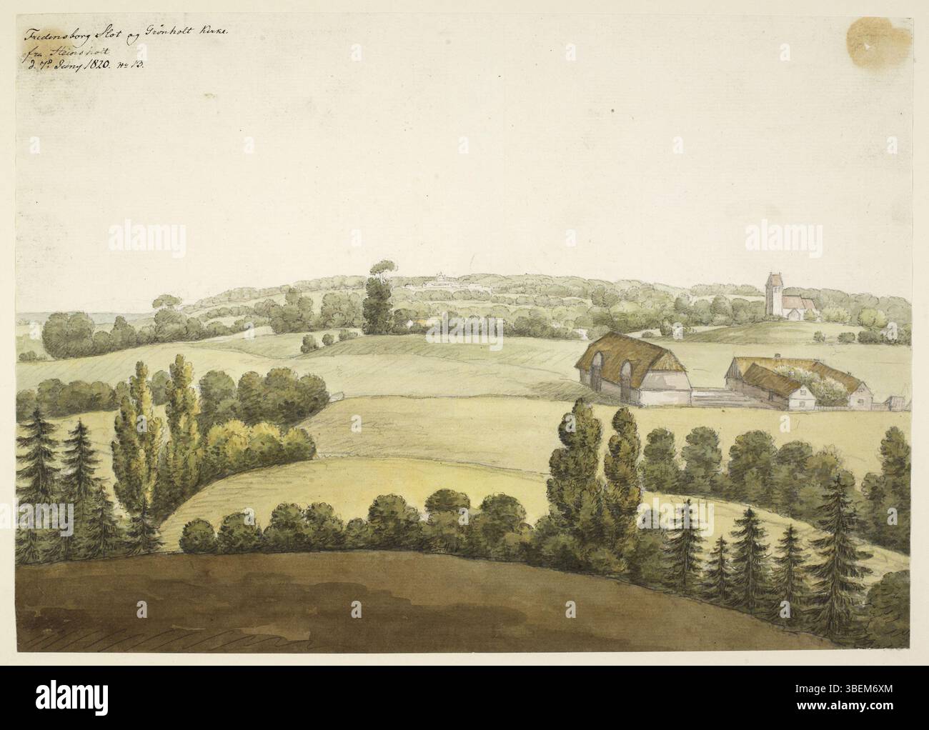 A 1820 engraving by Ole Jørgen Rawert depicting Fredensborg Castle and ...