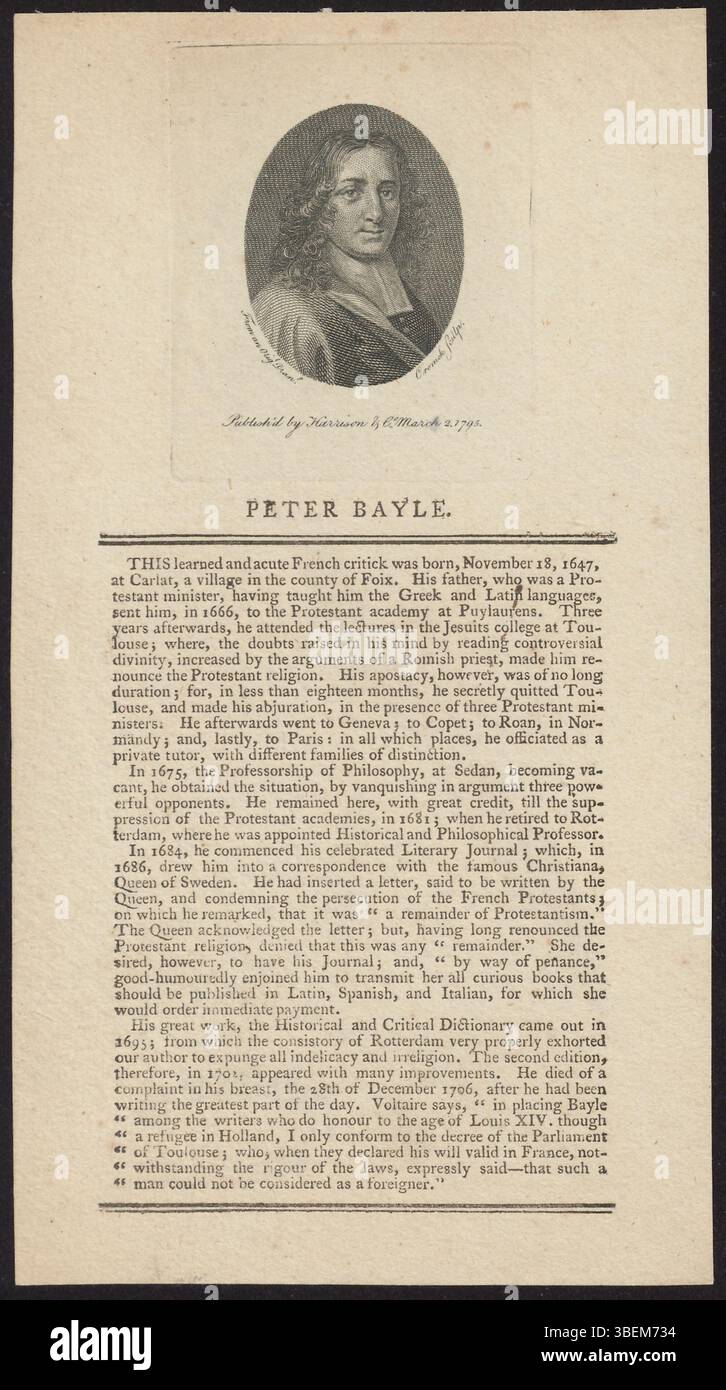 A portrait of Pierre Bayle, accompanied by a short biography. The ...