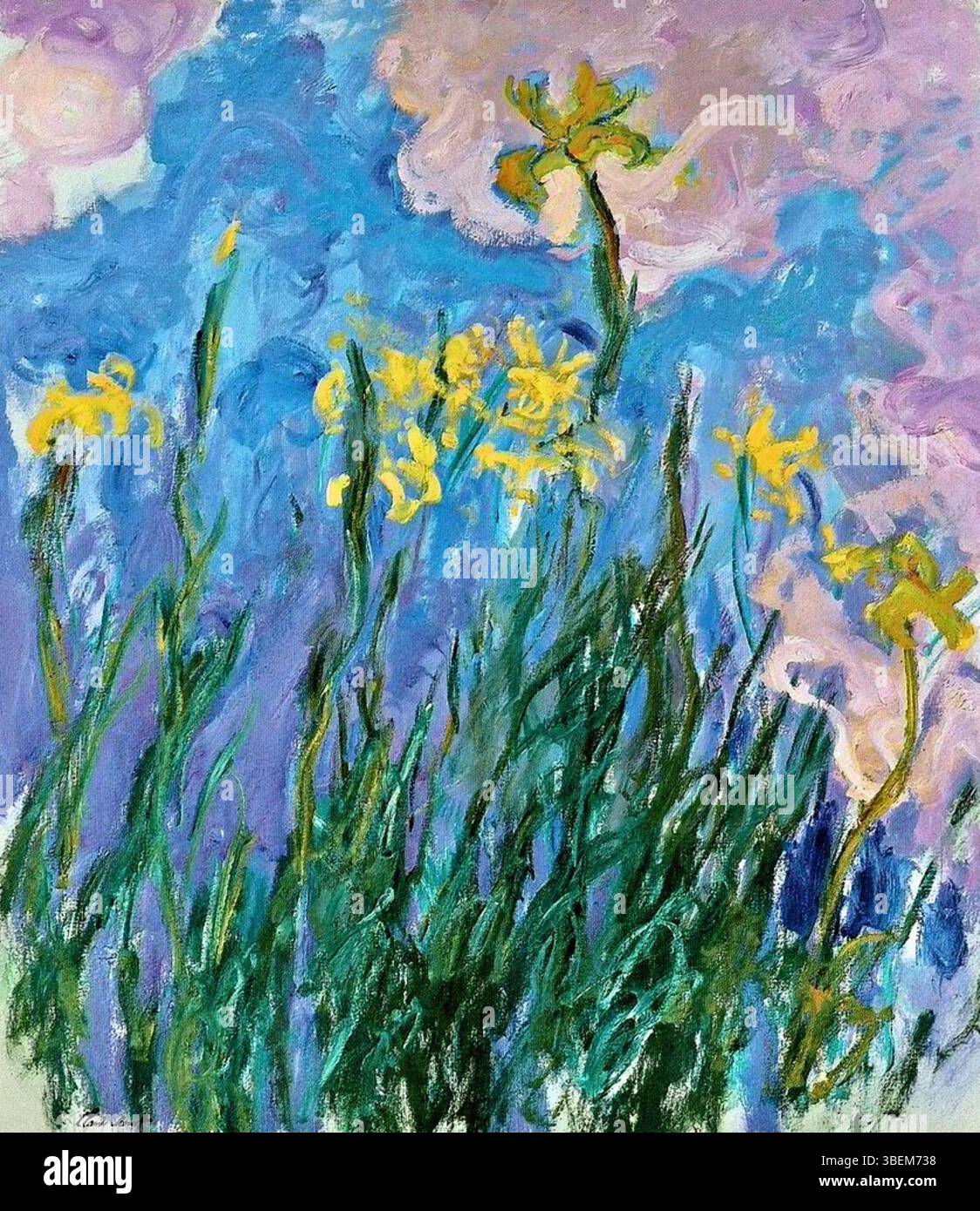 Claude Monet’s *Yellow Irises* (c. 1914-1917) captures the vibrant ...