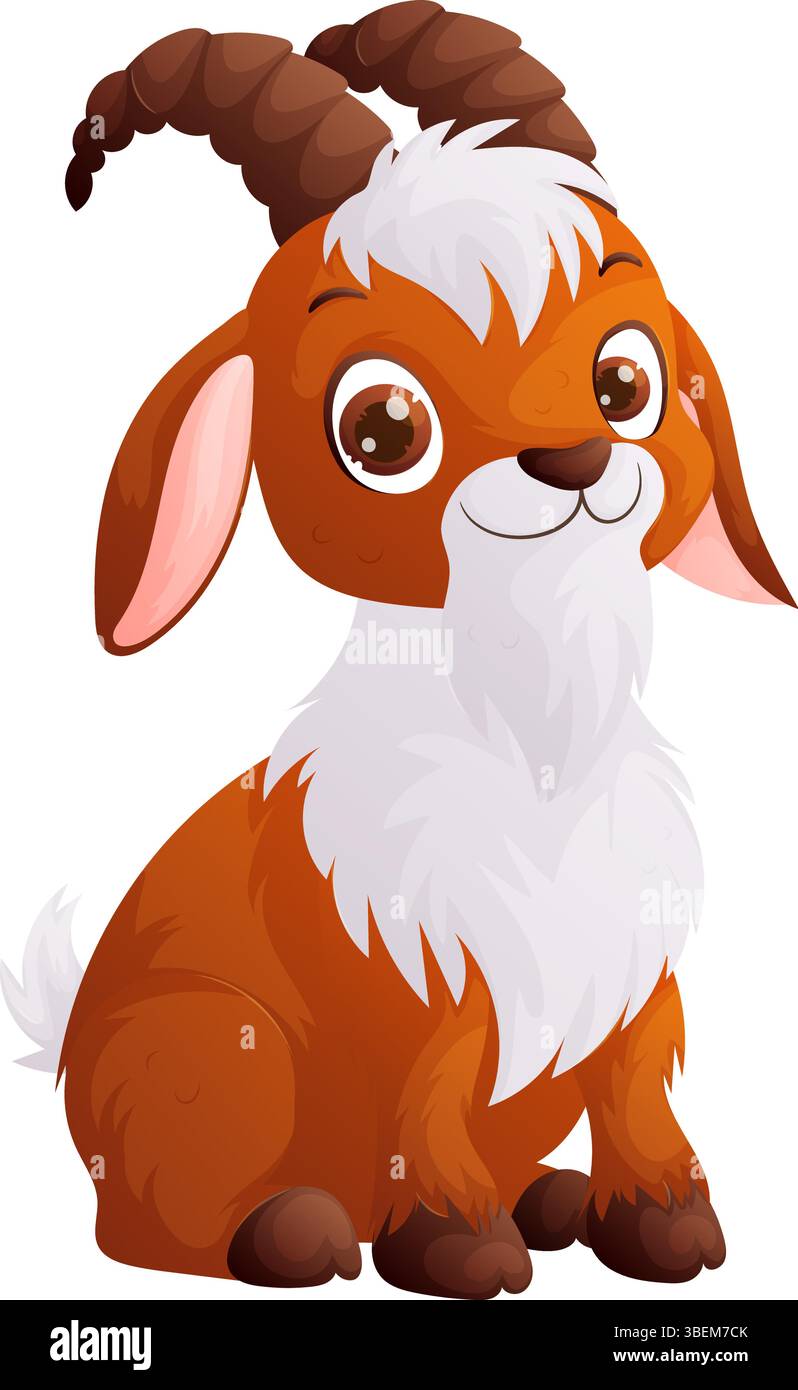 Adorable cartoon goat sitting calmly with a friendly expression. The ...