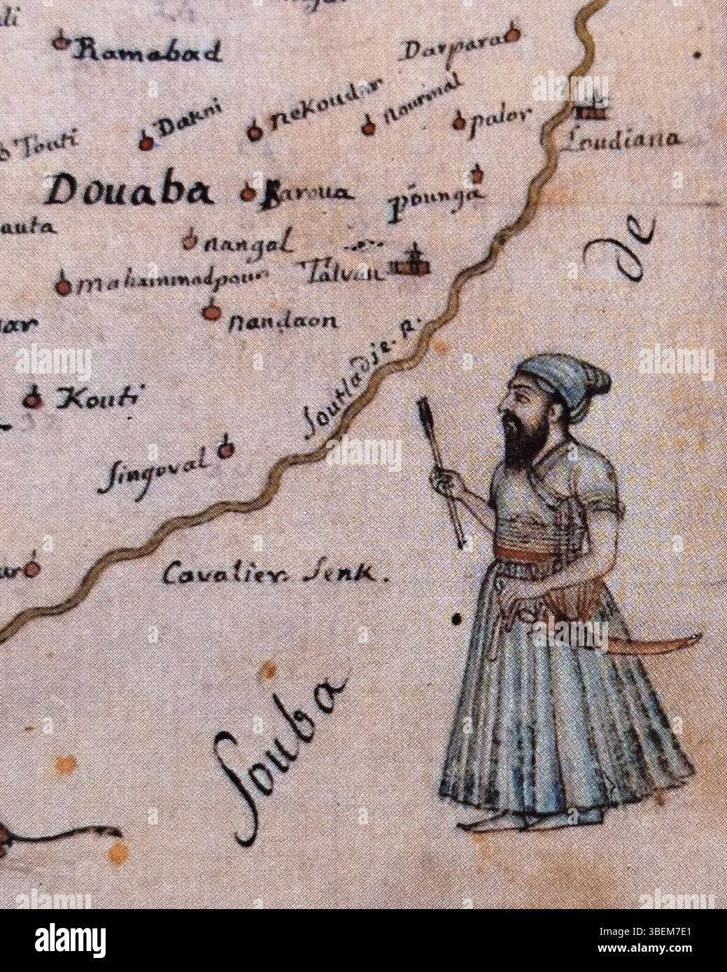 Depiction of a Misl-era Sikh cavalry warrior from a 1770 map of Lahore ...