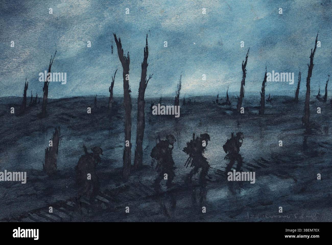 F.J. Mears’ ink and watercolour painting depicts a WW1 battlefield at ...