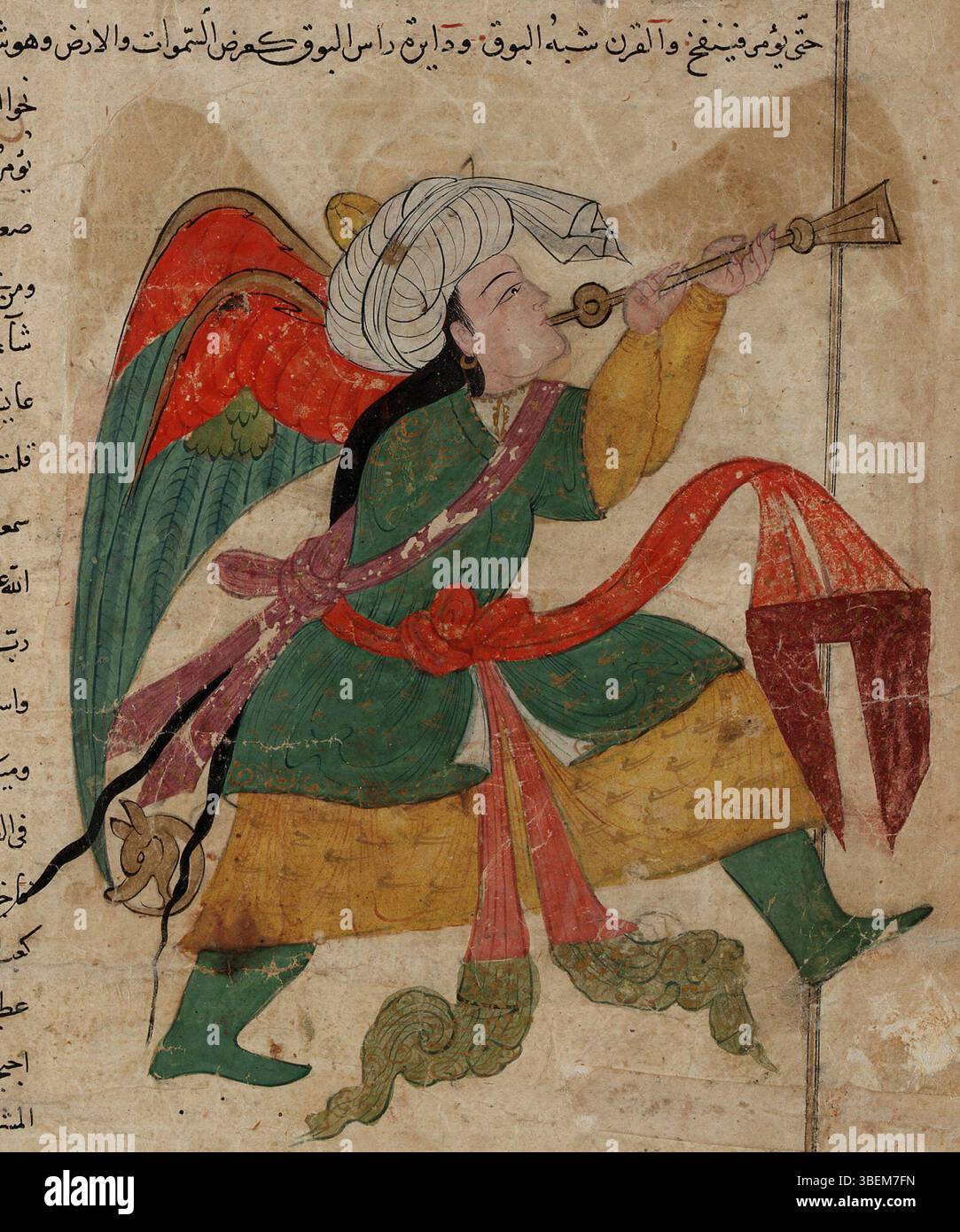 Illustration of angel Israfel blowing a nafir (trumpet) from al-Qazvini ...