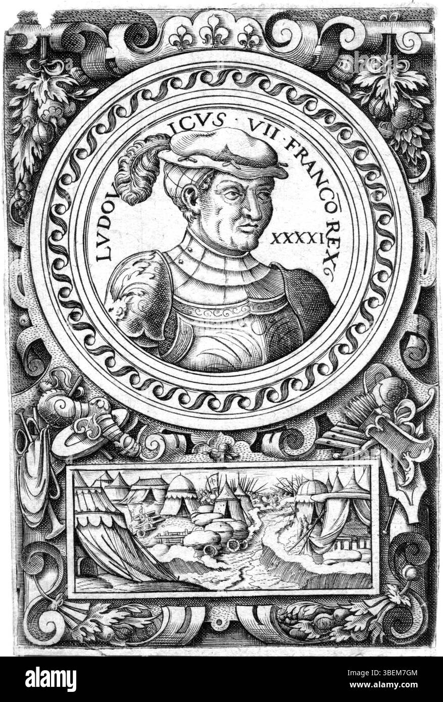 Engraved portrait of Louis VII the Younger, King of France, shown in ...