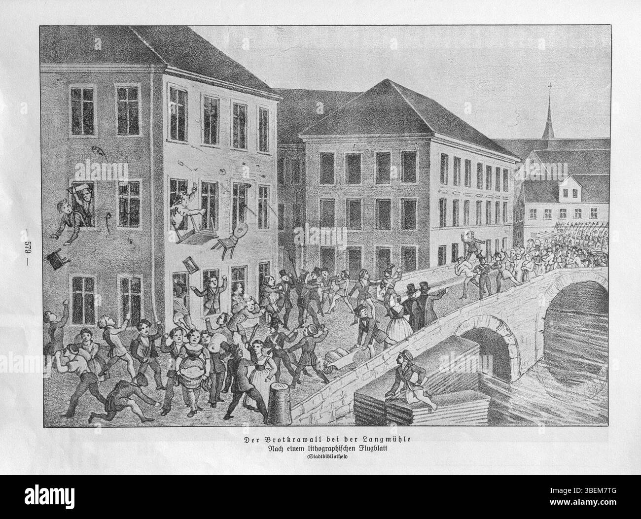 The lithograph from 1847 depicts the Bread Riots in Ulm, which occurred ...
