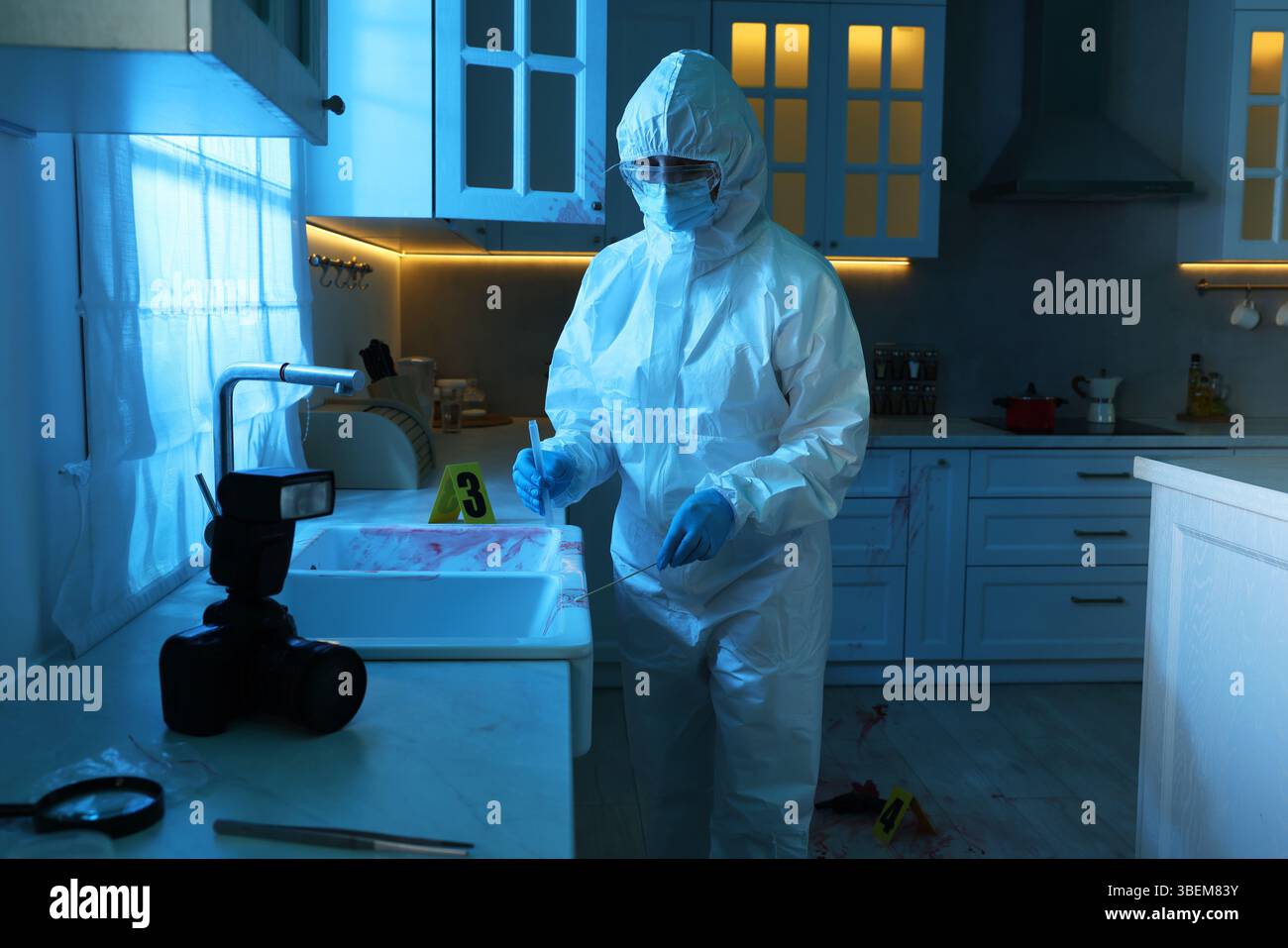 Forensic expert taking blood sample at crime scene indoors Stock Photo ...