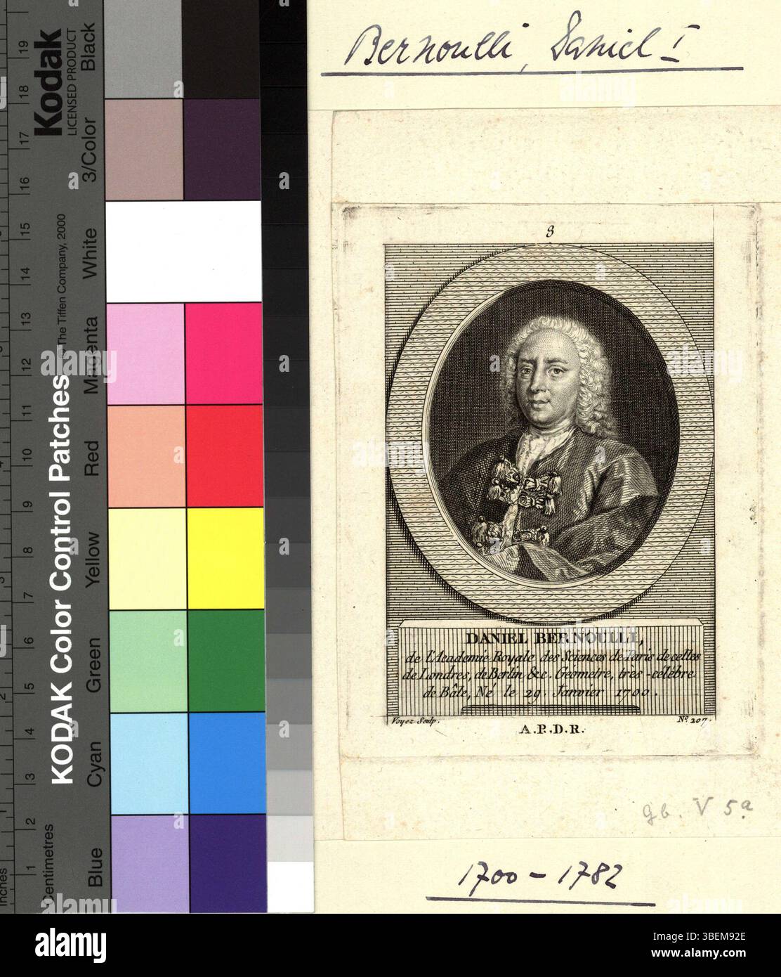 This copper engraving from between 1780 and 1784 depicts Daniel Bernoulli in a formal portrait ...