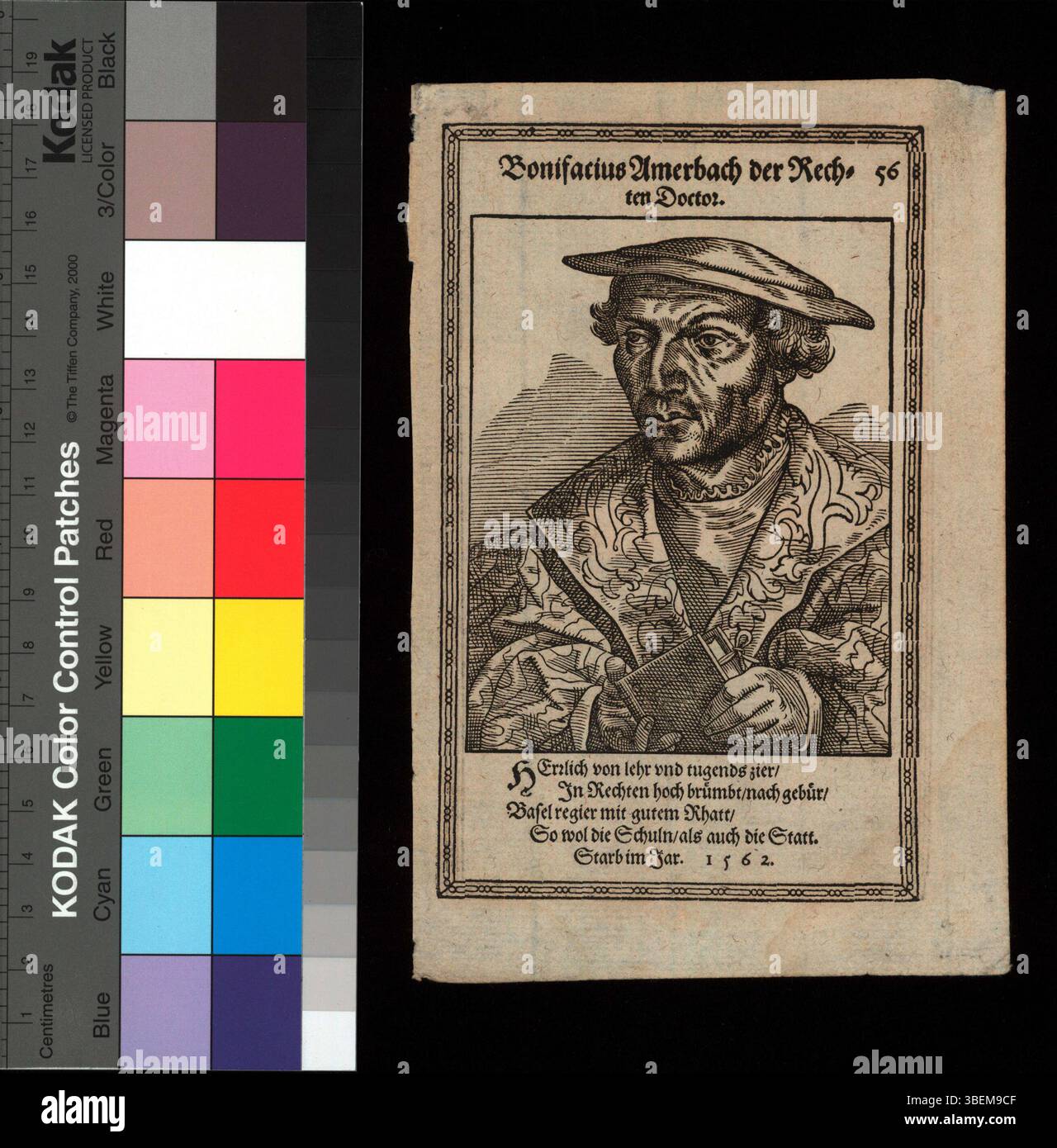 This 1593 woodcut presents a portrait of Bonifacius Amerbach, a notable ...