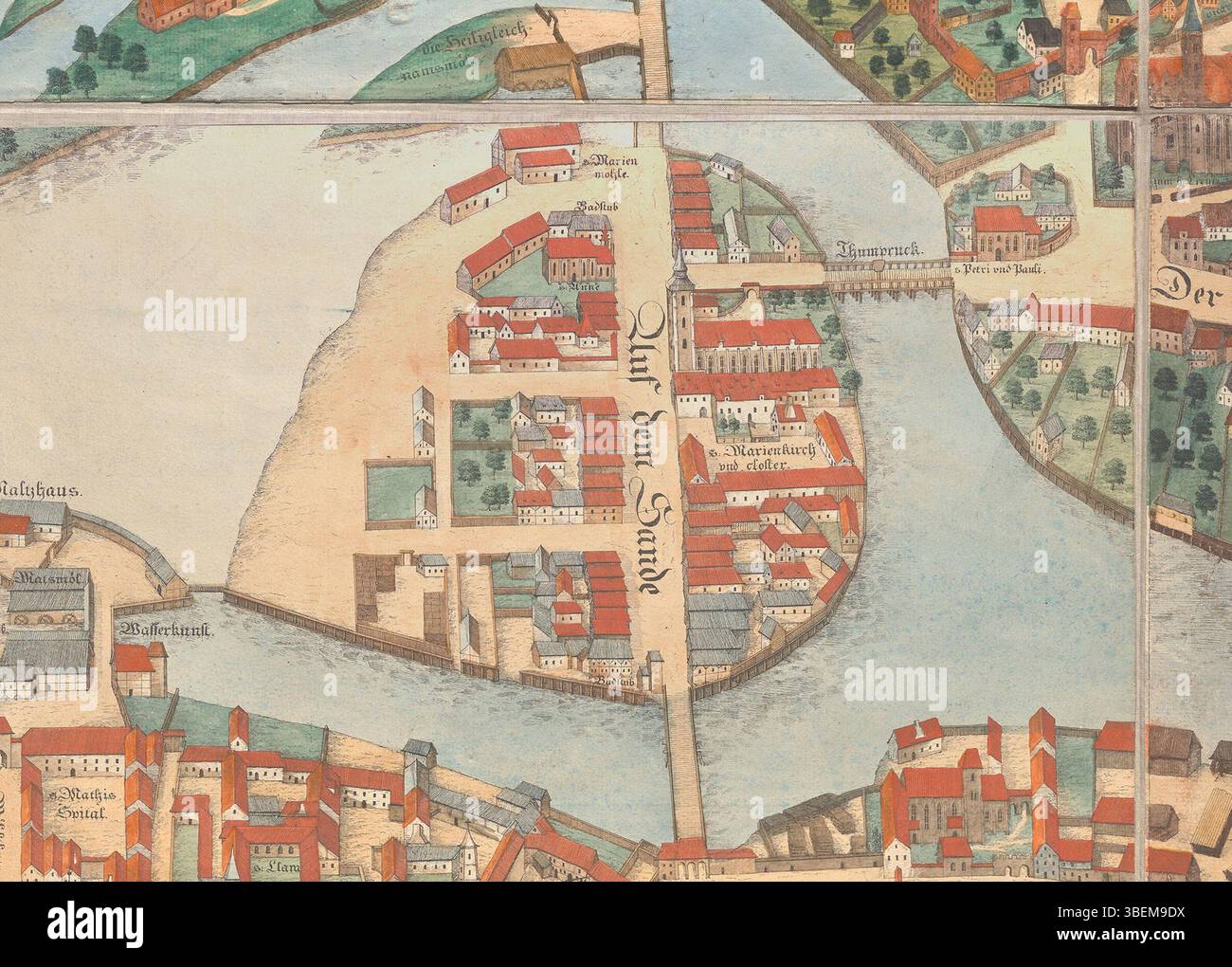 Cropped view of Wyspa Piaskowa on an axonometric map of Wroclaw created ...