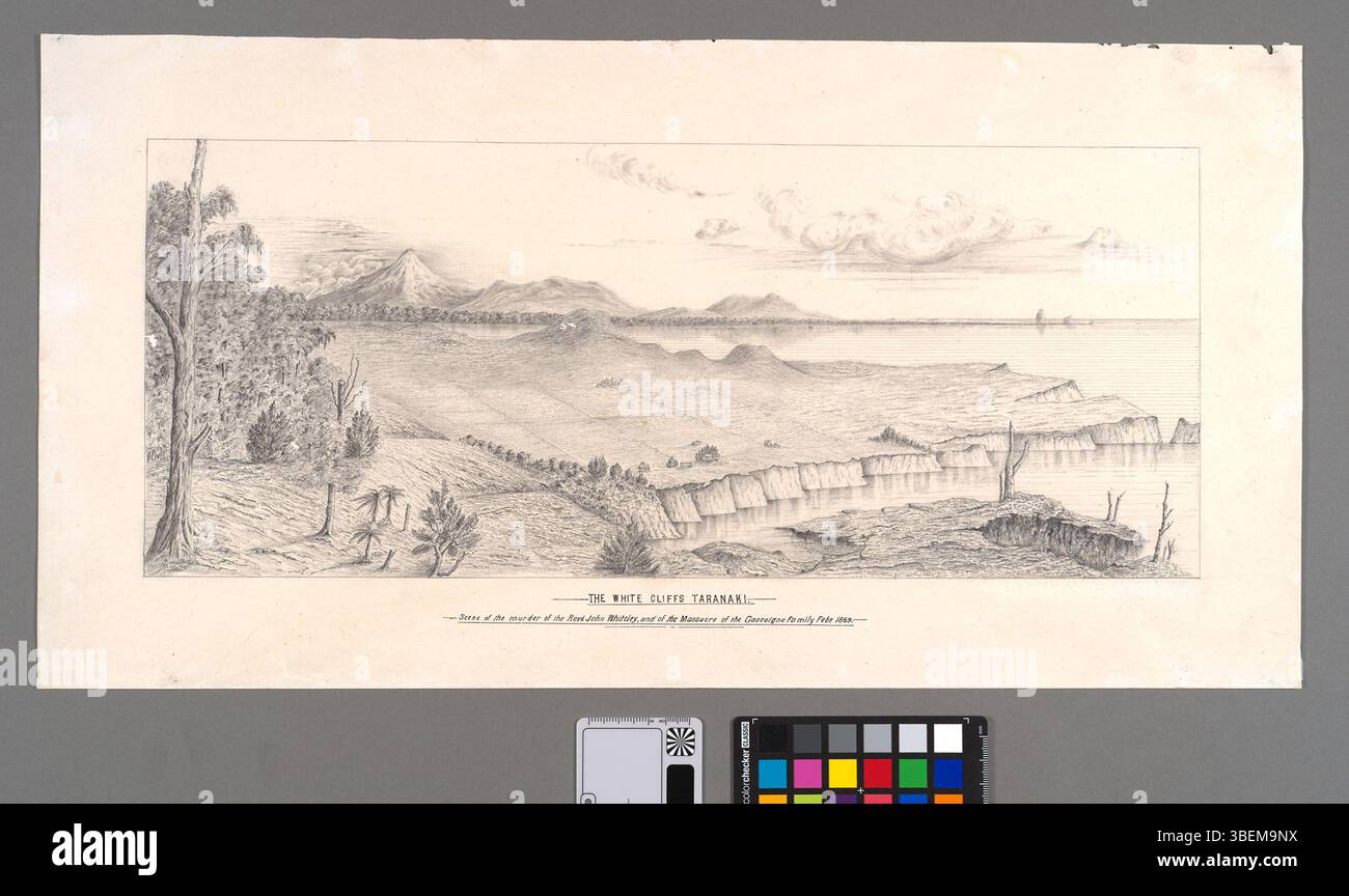 This drawing by Arthur Morrow illustrates the White Cliffs of Taranaki ...