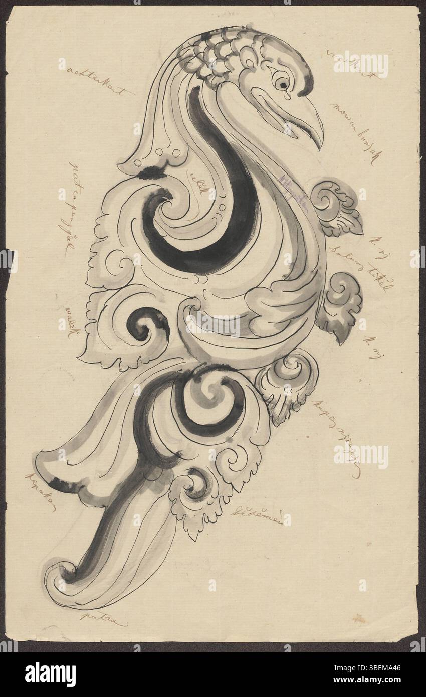 This artwork features two ornamental elements: Patra punggel, a bird ...