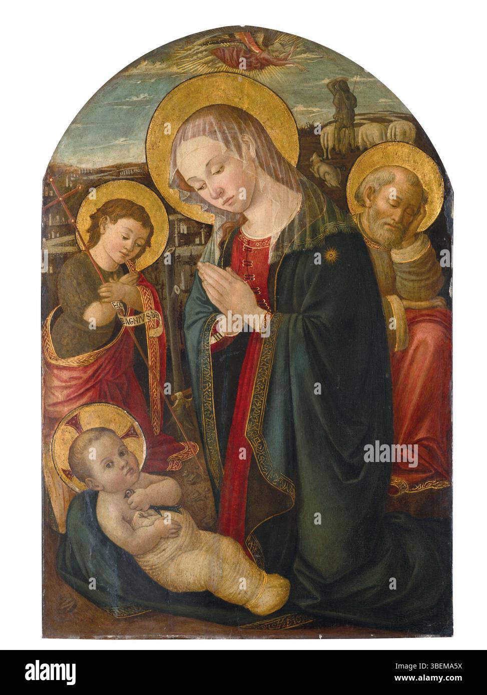 This artwork by Domenico di Zanobi depicts the Virgin Mary and Saint John the Baptist adoring ...