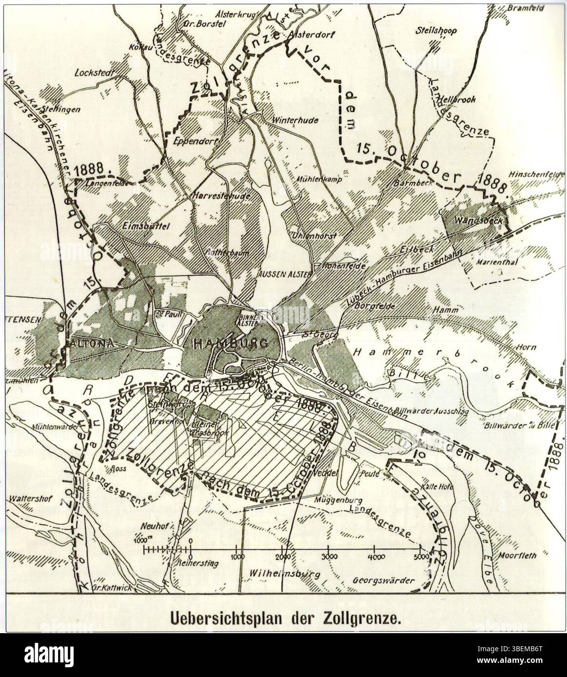 Official 1888 print showing the customs boundary of Hamburg before ...