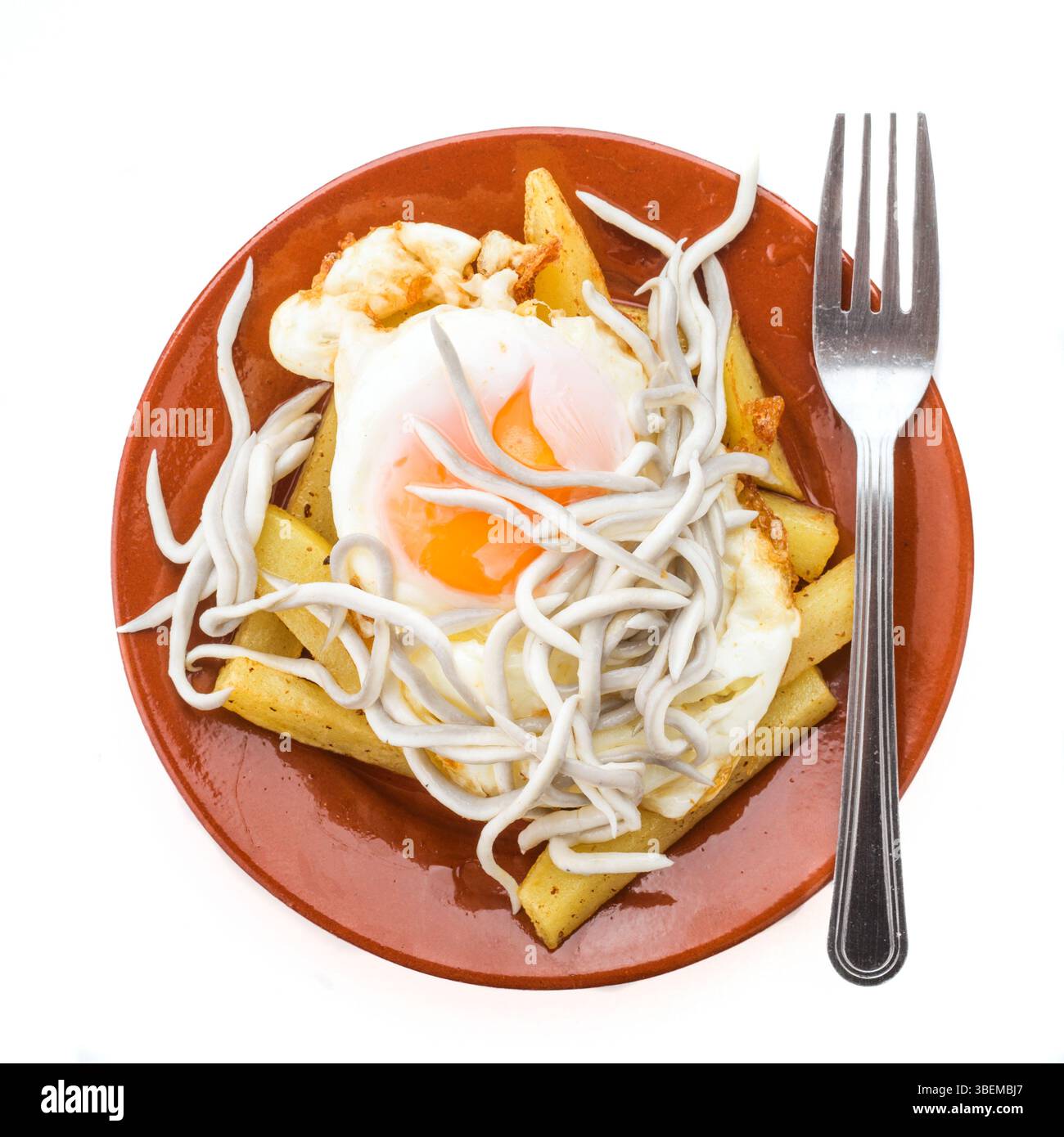A dish of fried eggs is elegantly served with imitation baby eels and ...