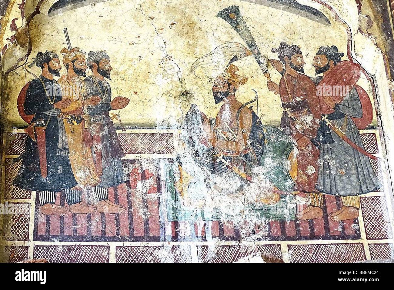 This fresco shows Guru Gobind Singh with the Panj Piare, part of a larger series of murals at a ...