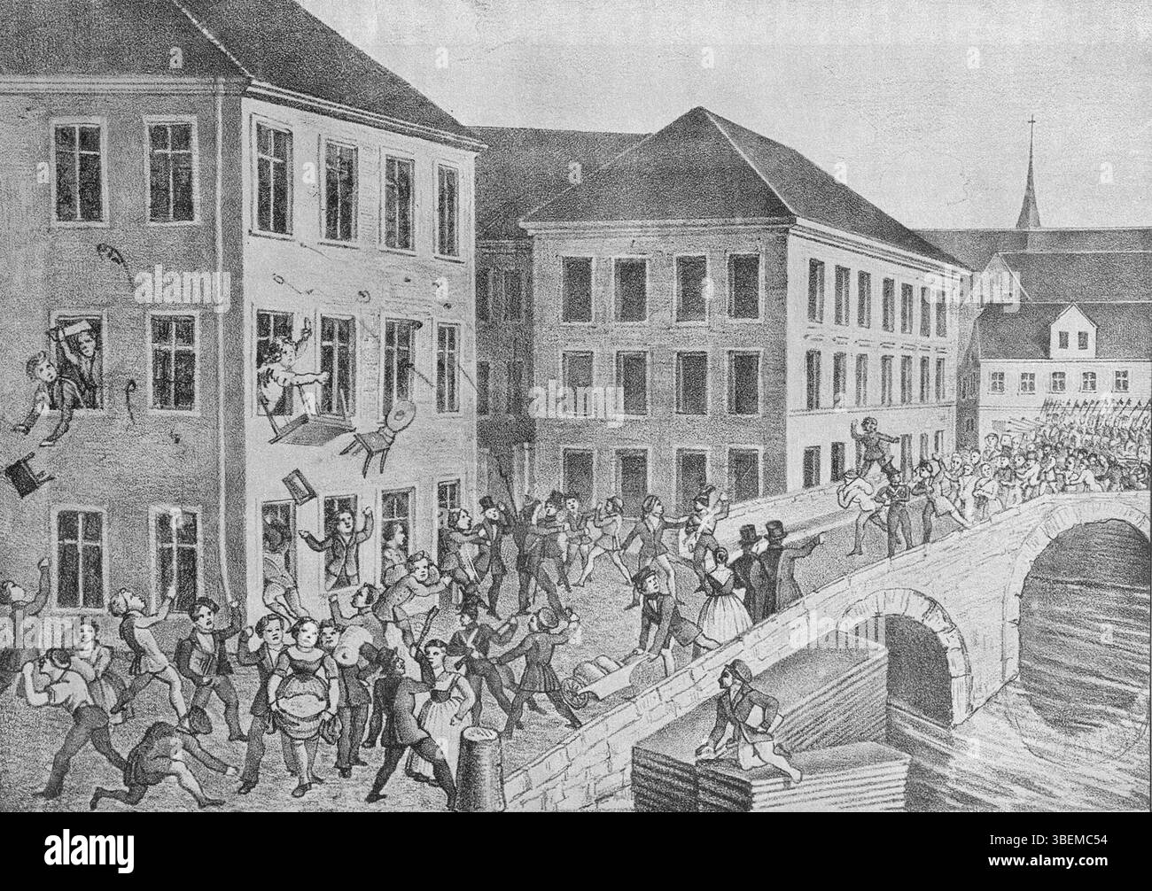 This cropped lithograph from 1847 portrays the Bread Riots at Langmühle ...