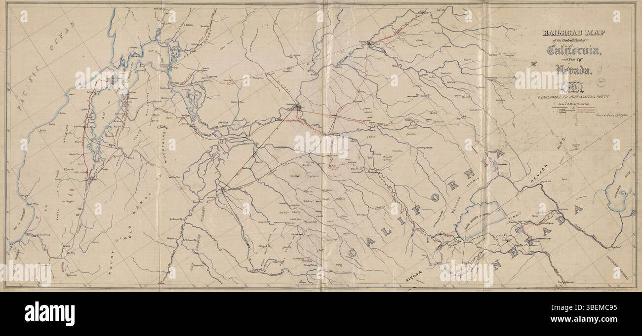 This 1865 railroad map details the central region of California and ...