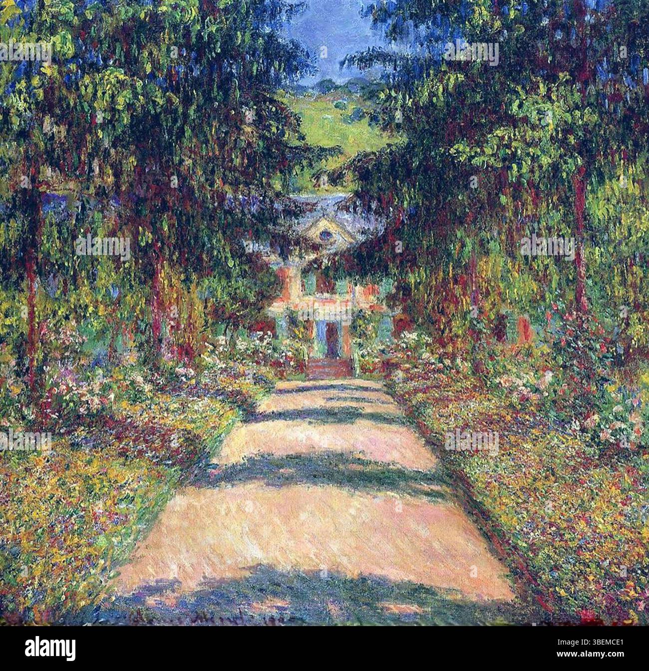 Claude Monet's painting *The Main Path at Giverny* captures a serene ...