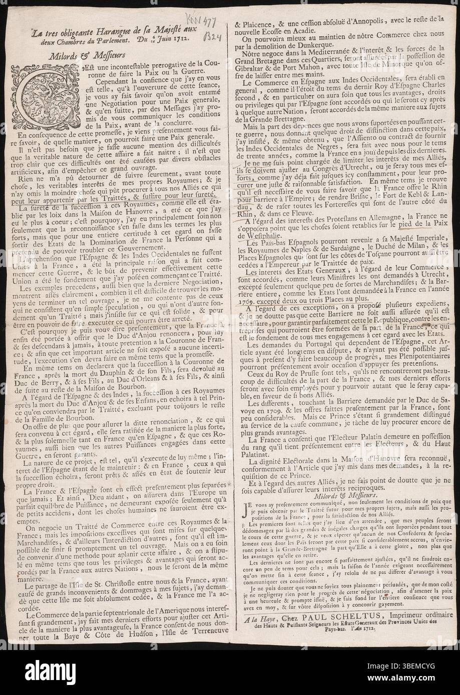 This print depicts a speech by the French King, addressing the two ...