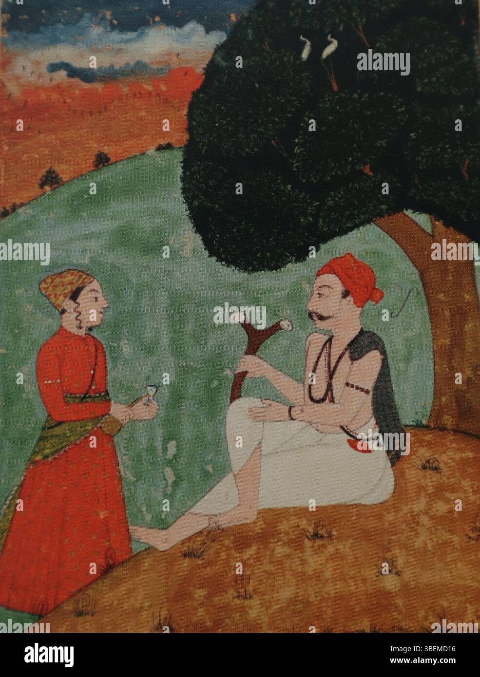 This miniature painting depicts Sufi saint Madho Lal Hussain, with the figure on the left ...