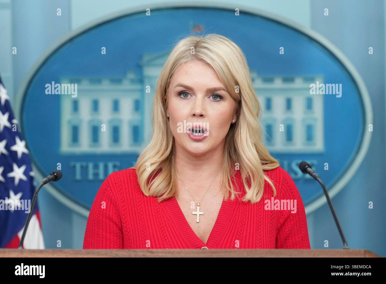 White House press secretary Karoline Leavitt speaks with reporters in the James Brady Press ...