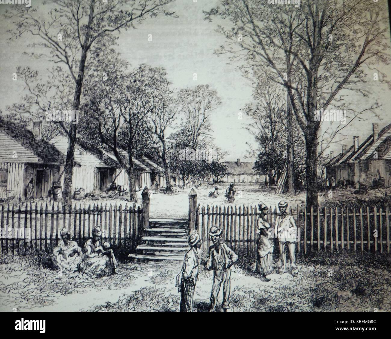 19th-century engraving depicting the slave quarters in an American ...