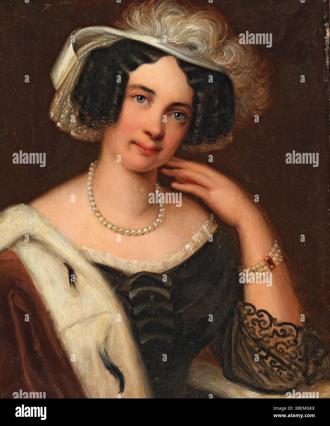 This 19th-century oil painting depicts a woman adorned with pearl ...