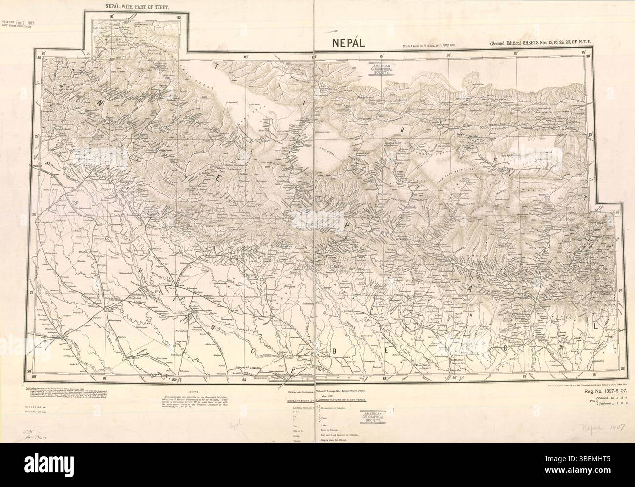 This 1907 map of Nepal, produced by the Survey of India, includes part ...