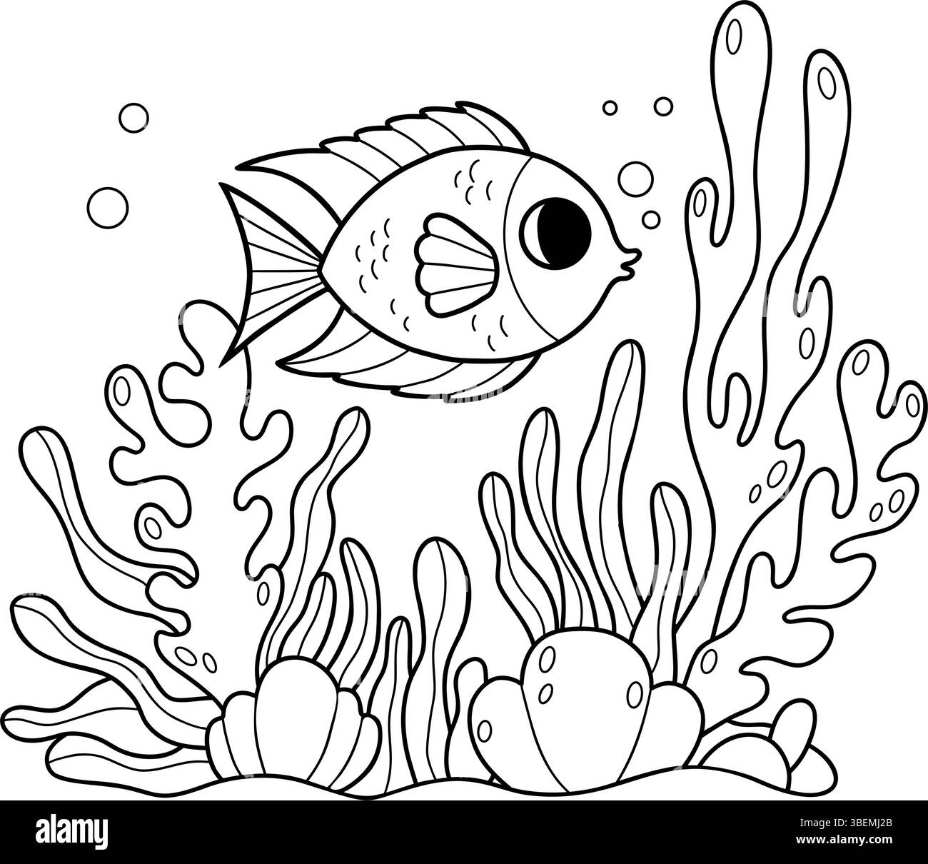 Outline Beautiful tropical fish with algae and corals on seabed and ...