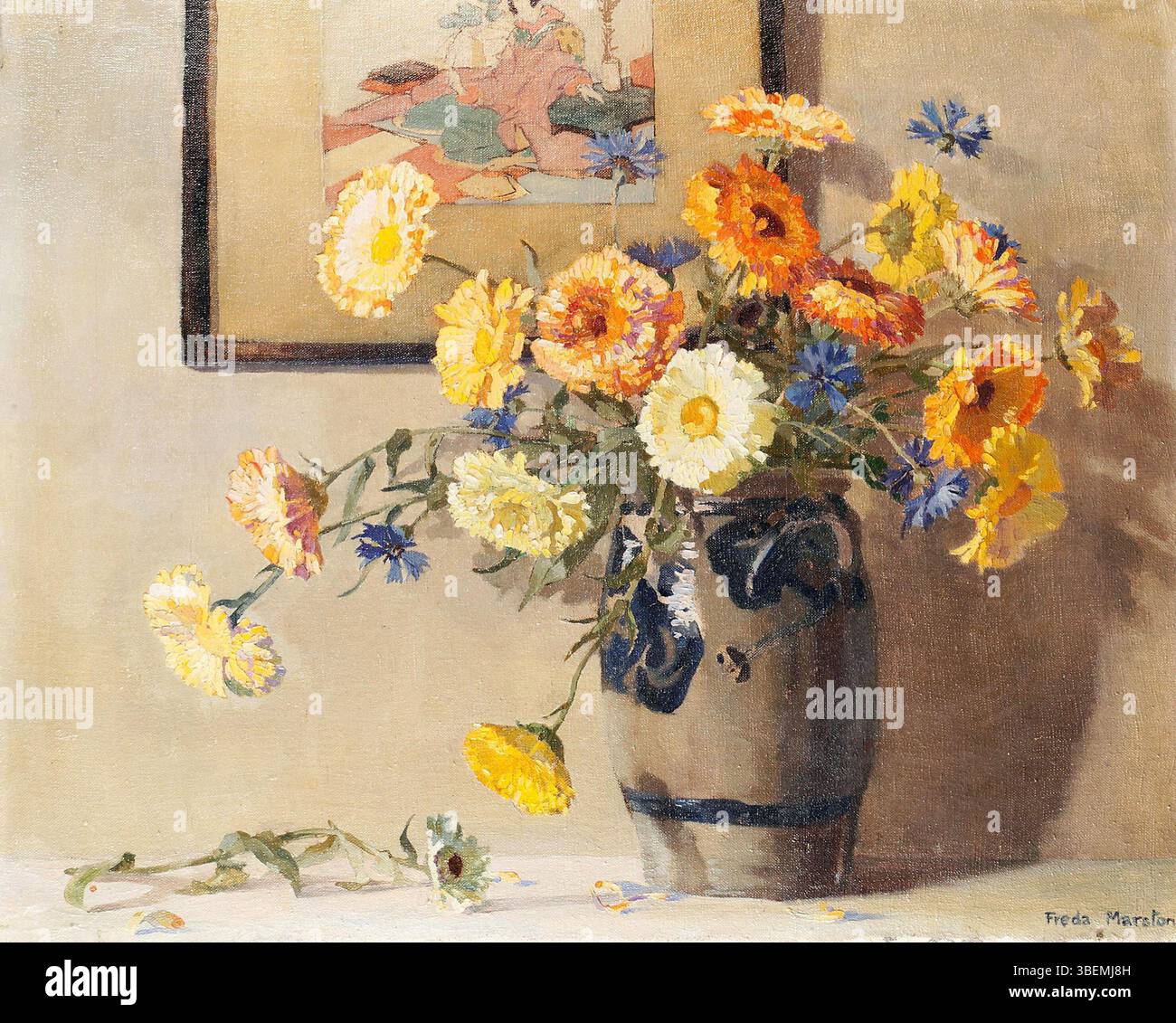 Freda Marston’s oil painting 'Still Life with Marigolds' depicts marigolds arranged in a Delft ...
