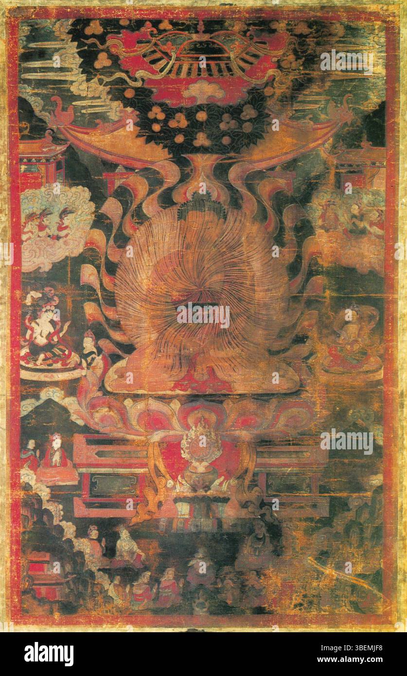 This 18th-century Tibetan thangka depicts Shakyamuni Buddha with the ...